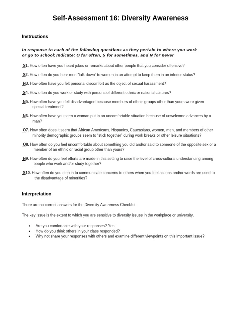 Self Assessment 16, Diversity Awareness | PDF