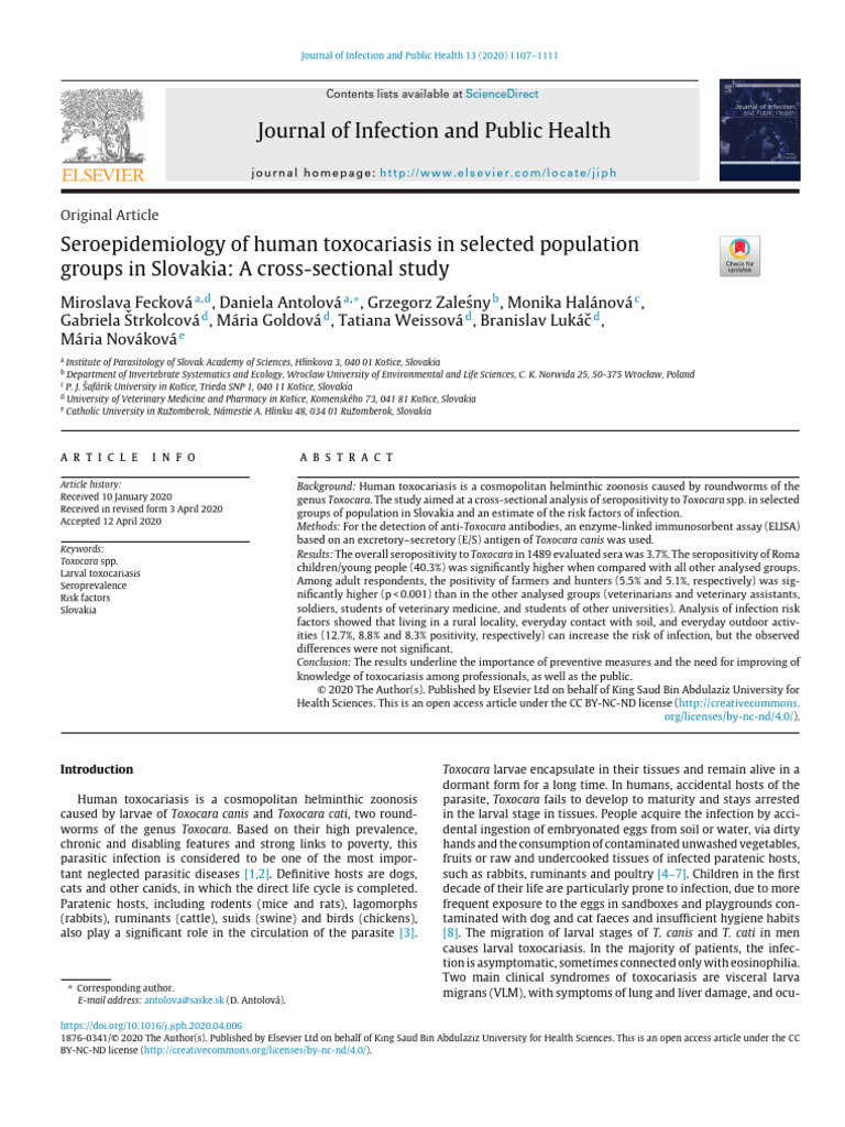 Seroepidemiology of Human Toxocariasis in Selected Population | PDF ...