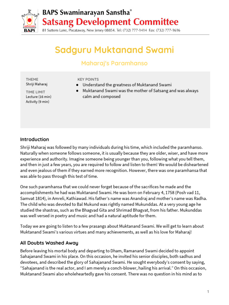 Muktanand Swami: Legacy of Humility and Devotion | PDF | Bhakti Movement