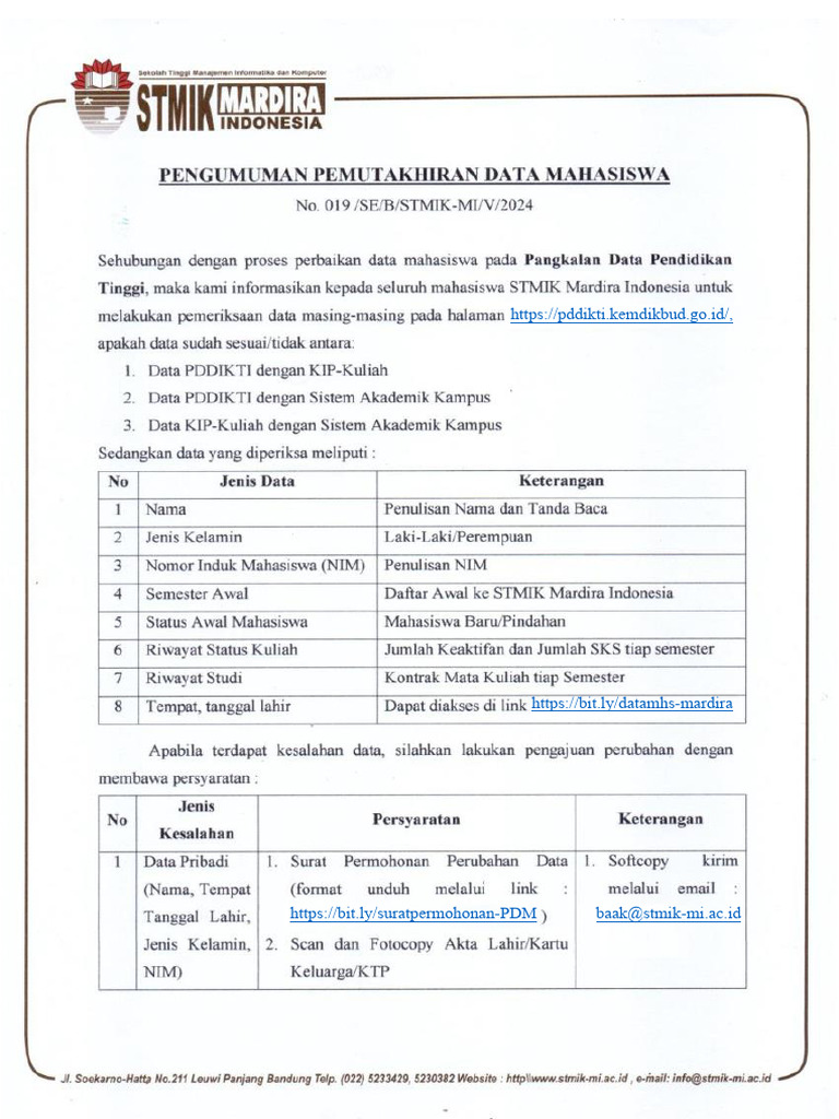 019 - Pengumuman Pemutakhiran Data Mahasiswa | PDF