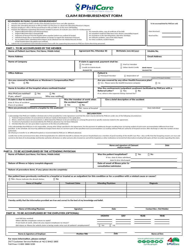 Claim Reimbursement Form 2024 | PDF | Patient | Hospital