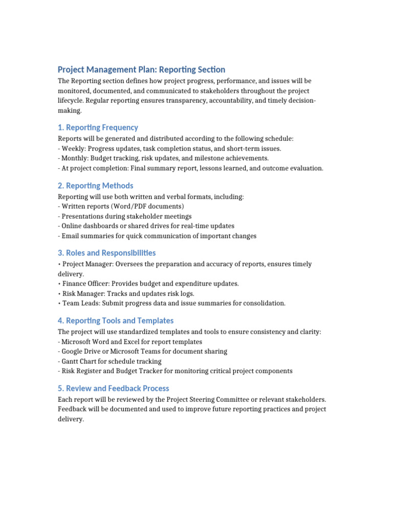 Project Reporting Plan Overview | PDF