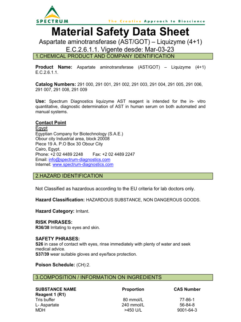 Aspartate Aminotransferase AST GOT | PDF | Dangerous Goods ...