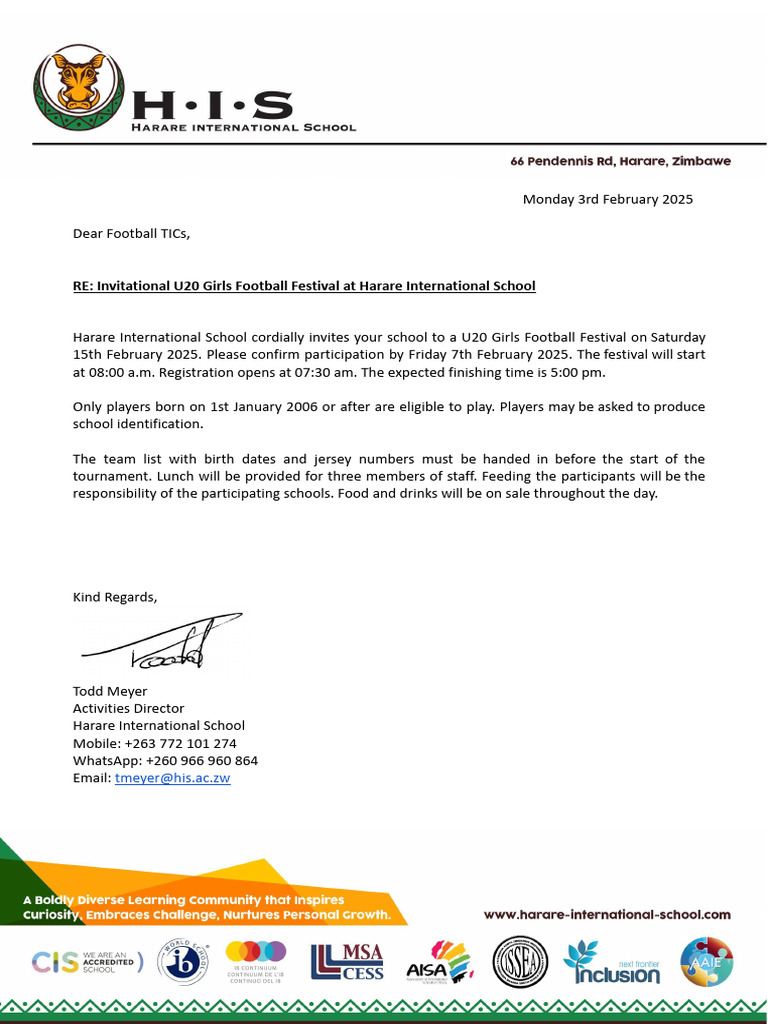 25-02-15 Invite U20 Girls Football @ HIS | PDF