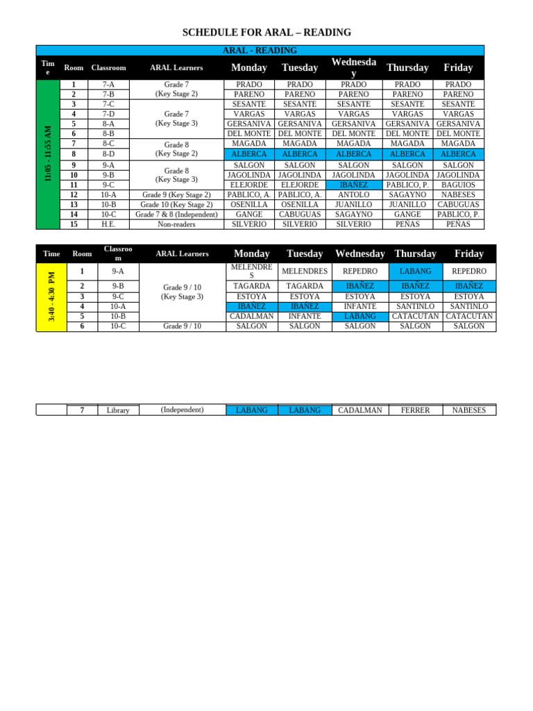SCHEDULE FOR ARAL READING - Final | PDF