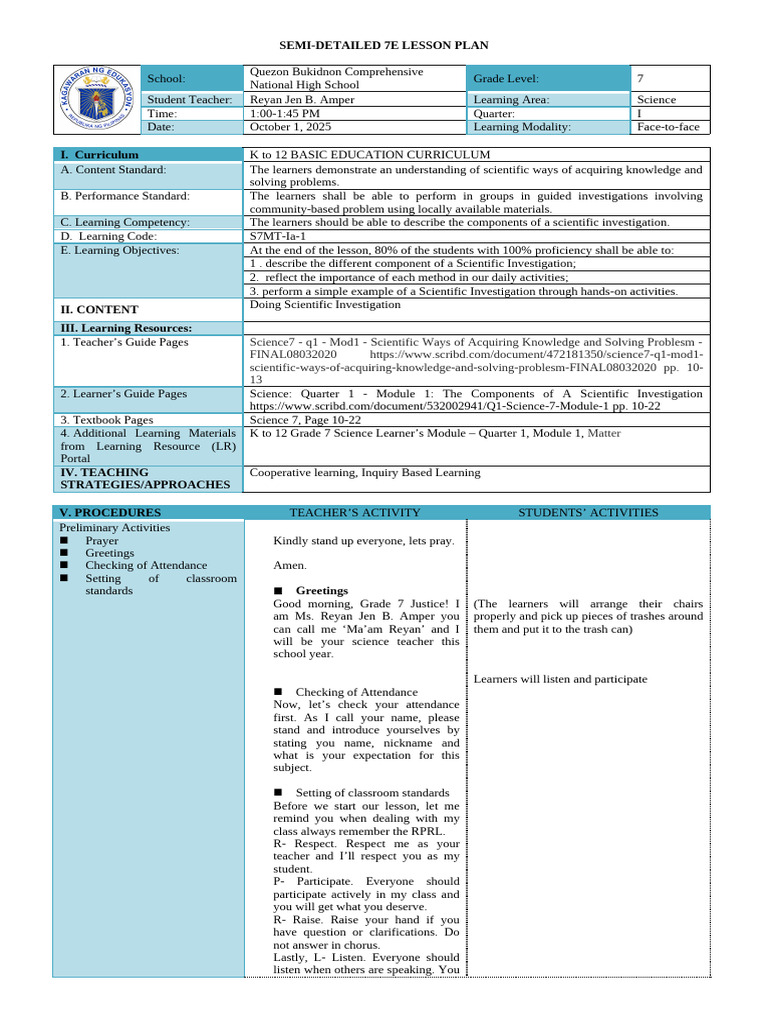 Lesson Plan Chemistry | PDF | Hypothesis | Scientific Method