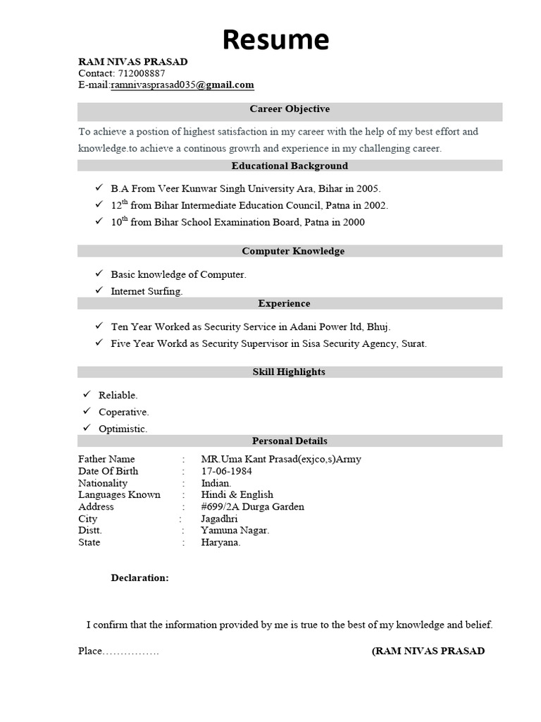 Resume of RAM NIVAS PRASAD | PDF