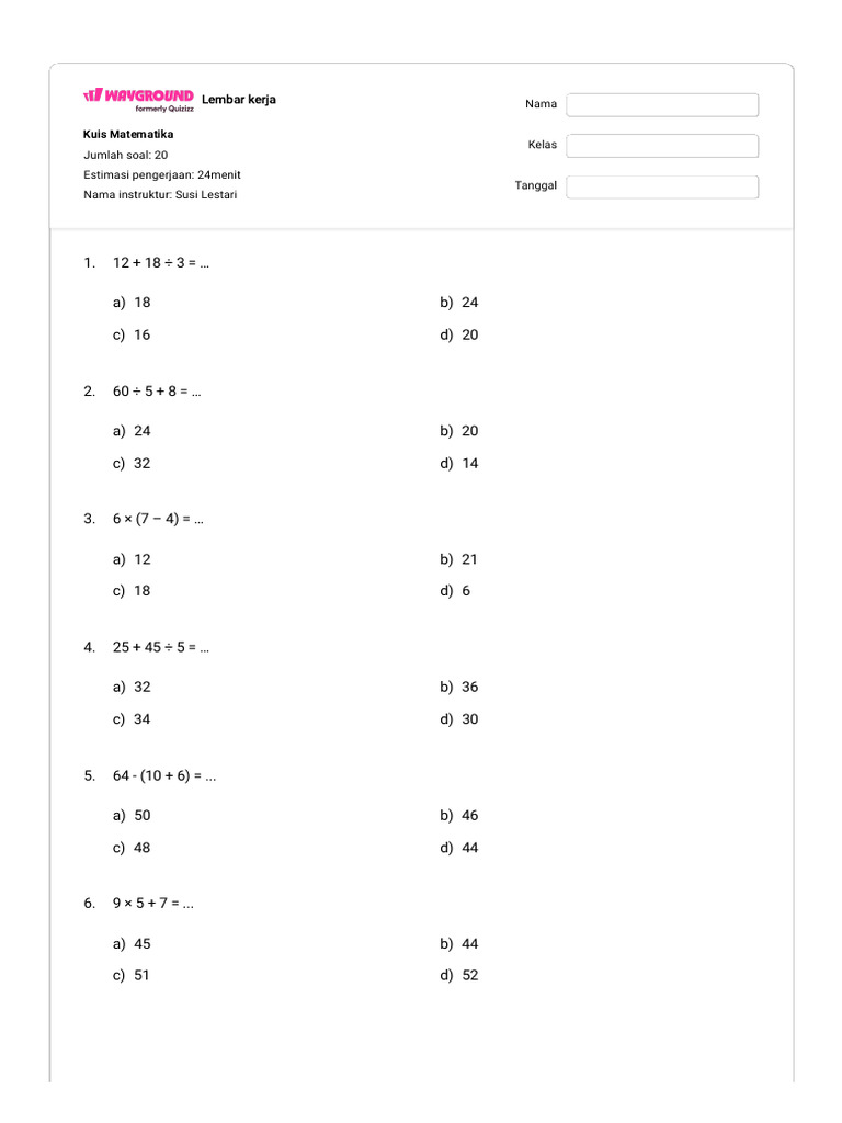 Kuis Matematika 20 Soal untuk Siswa | PDF