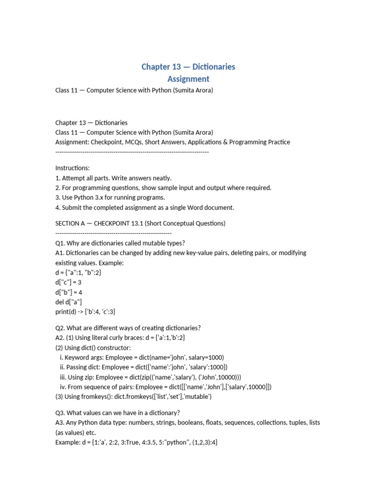 Chapter13 Dictionaries Assignment | PDF | Computer Engineering ...