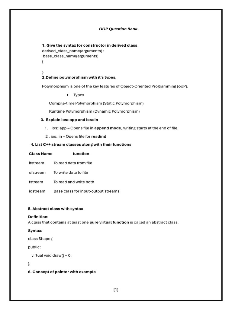OOP Question Bank Kunal | PDF | Pointer (Computer Programming) | Class (Computer Programming)