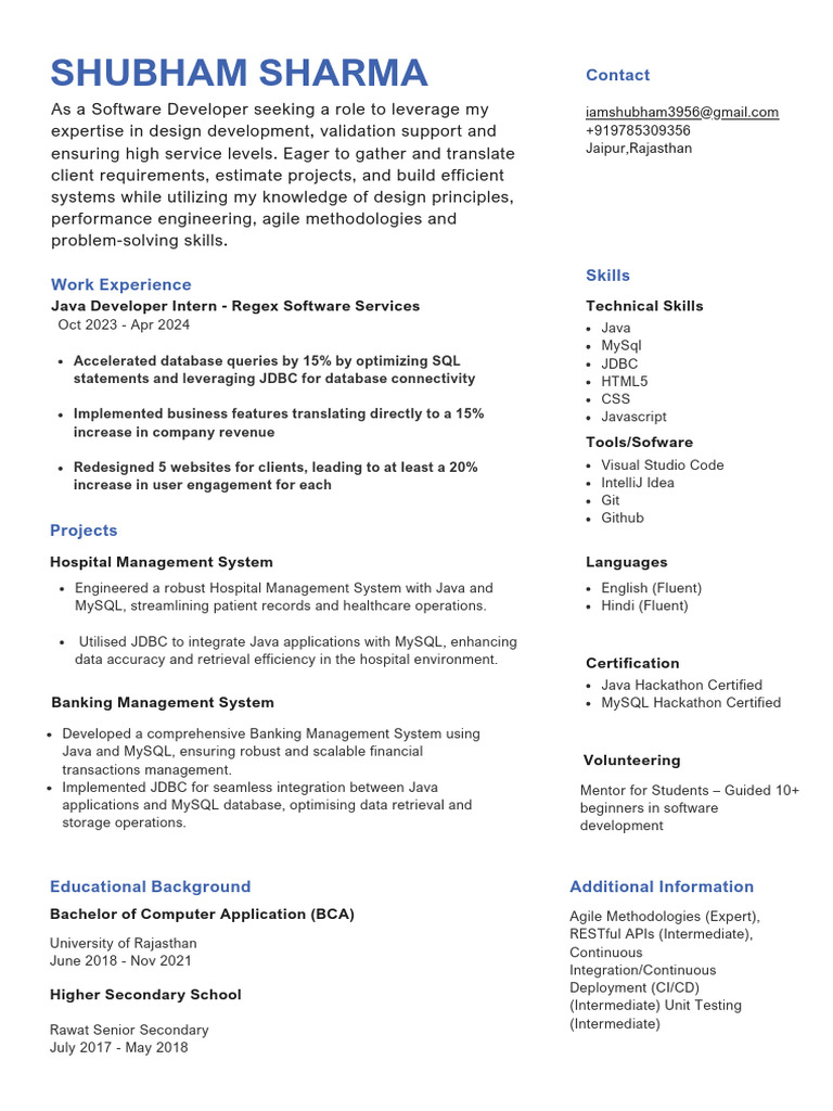 Shubham_JavaDevloper (1) | PDF | My Sql | Databases