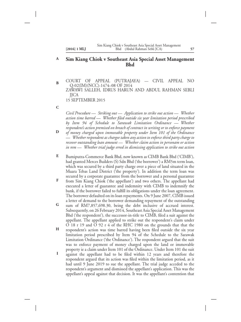 Sim Kiang Chiok V Southeast Asia Special Asset Management BHD | PDF ...
