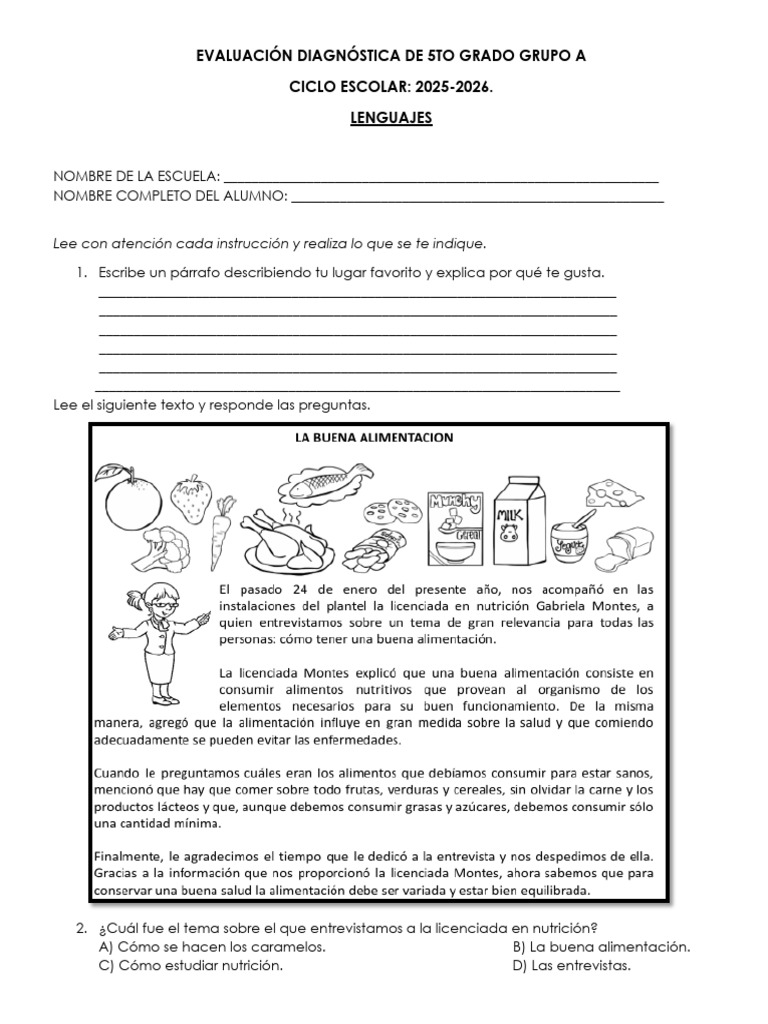 Evaluación Diagnóstica 5to Grado A | PDF | México | Nutrición