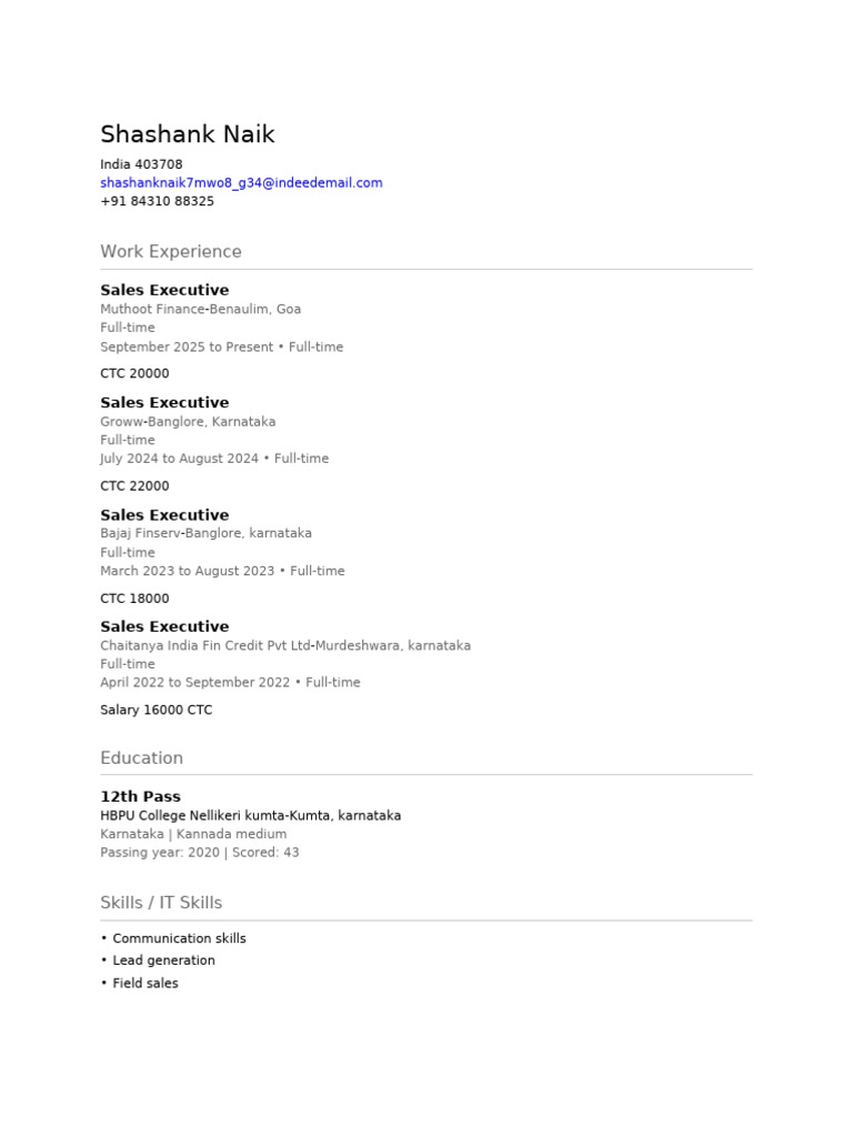Sales Executive Resume of Shashank Naik | PDF
