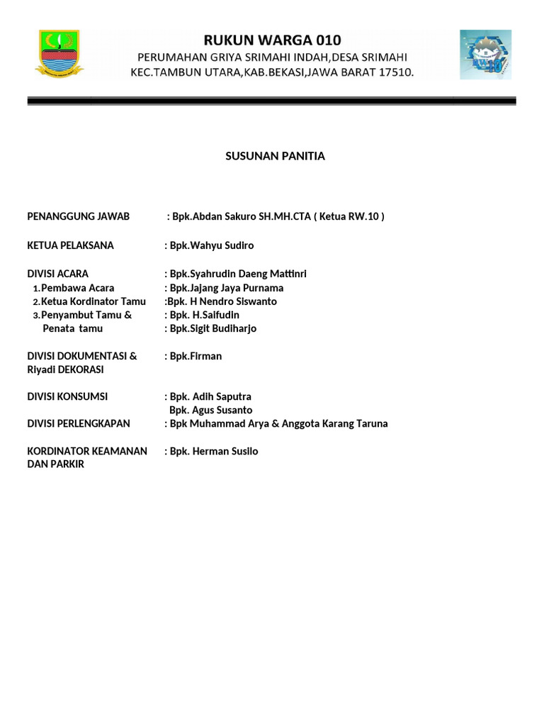 Susunan Panitia Acara RW 10 | PDF