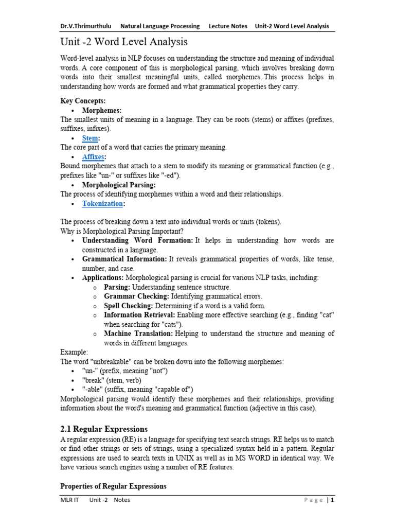 NLP Word Level Analysis Notes | PDF | Parsing | Part Of Speech