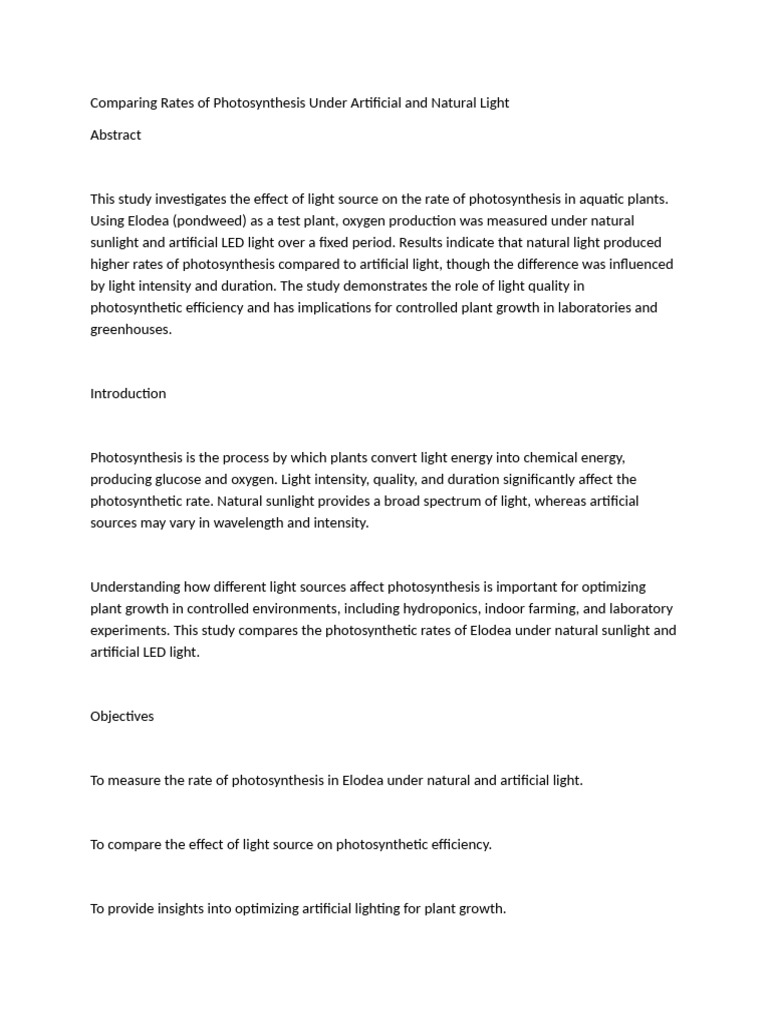 Comparing Rates of Photosynthesis Under Artificial and Natural Light ...