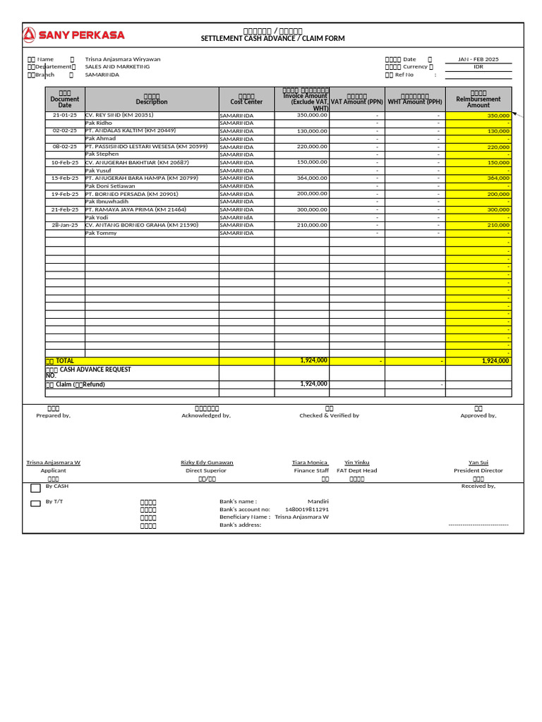 Form Settlement Bensin Jan-Feb | PDF