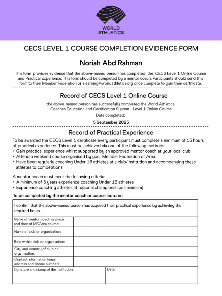 CECS Level 1 Course Completion Evidence Form | PDF