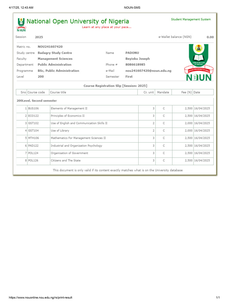 Padonu's Course Registration Slip NOUN-SMS | PDF