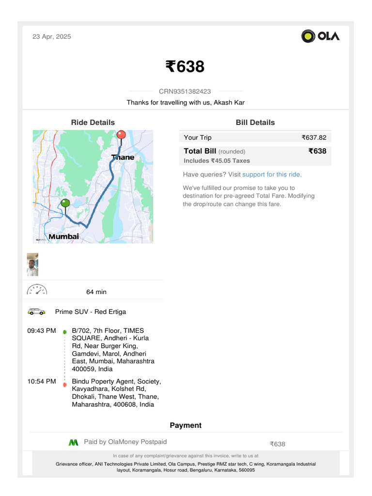 Ola Prime SUV Invoice for Akash Kar | PDF | Invoice | Payments