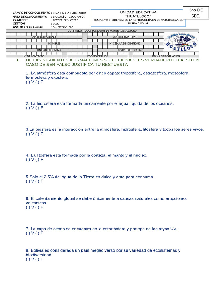 Evaluacion Tema 3 Los Fenómenos Cíclicos de La Madre Tierra y El Uso ...