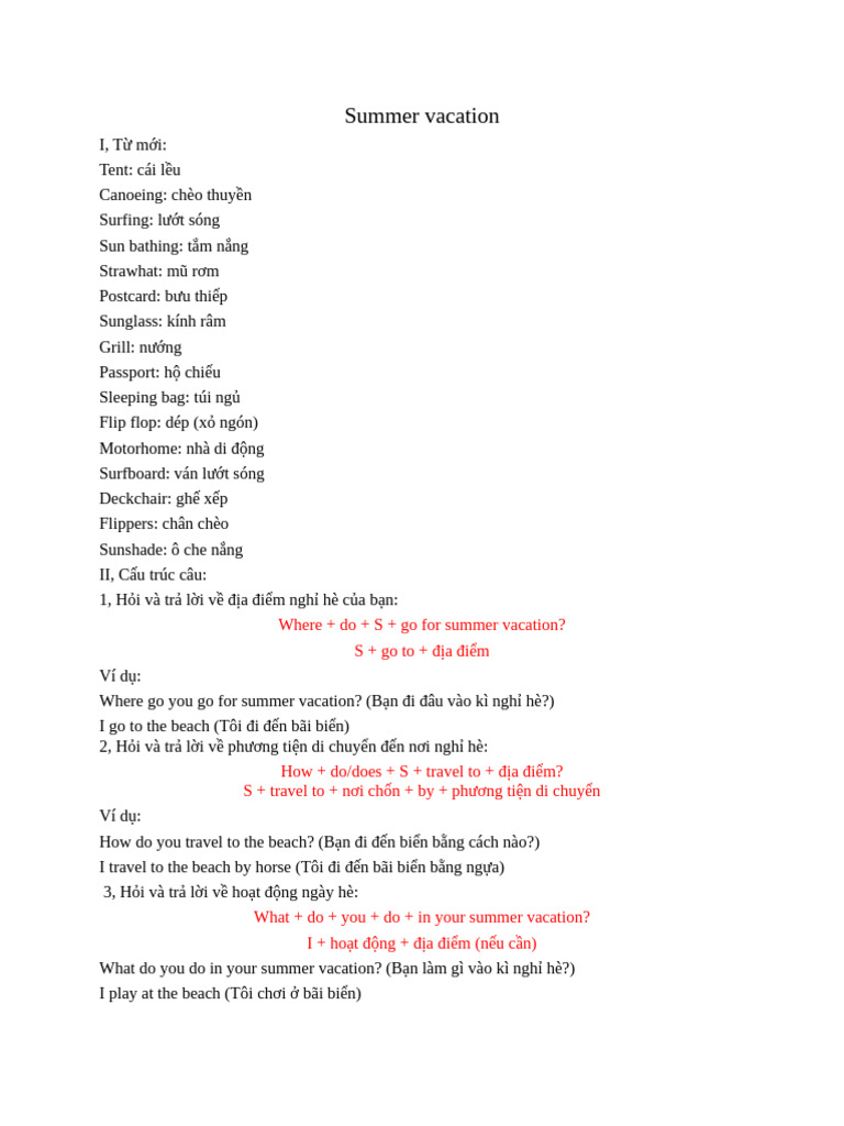 Summer Vacation | PDF