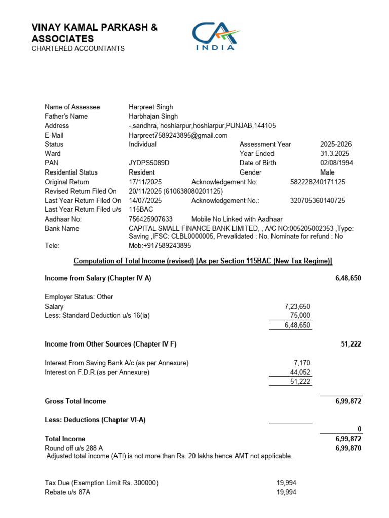 Harpreet Singh's Tax Computation AY 2025-26 | PDF | Tax Refund ...