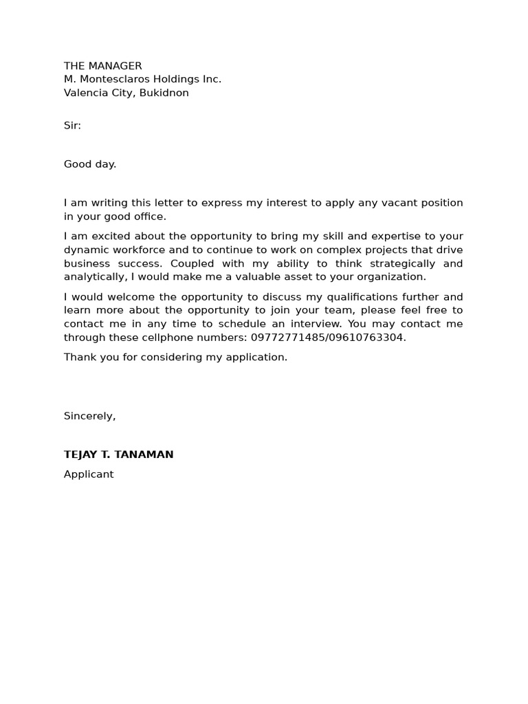 Job Application Letter from Tejay Tanaman | PDF
