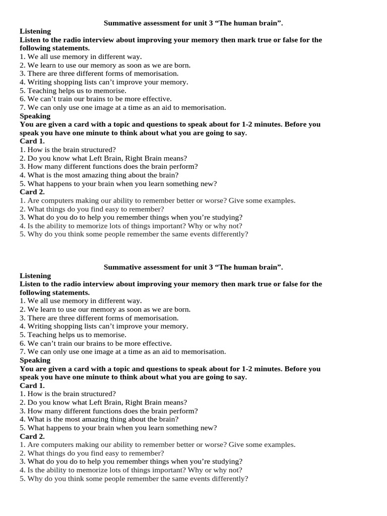 Summative Assessment For Unit 3 11 B | PDF | Memory | Psychological ...