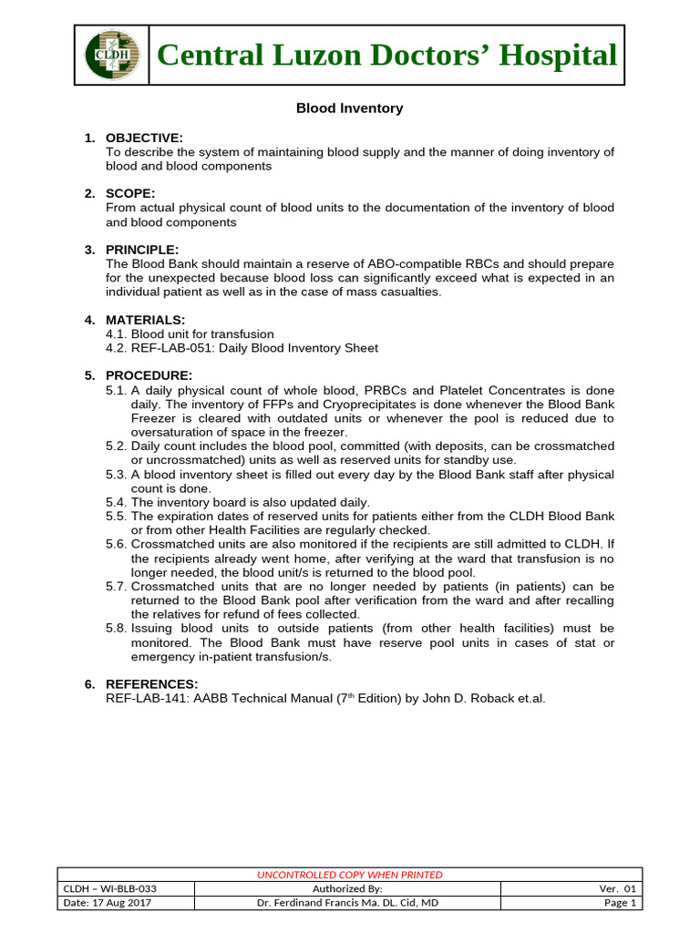 Wi BLB 033 Blood Inventory | PDF | Blood Transfusion | Body Fluids