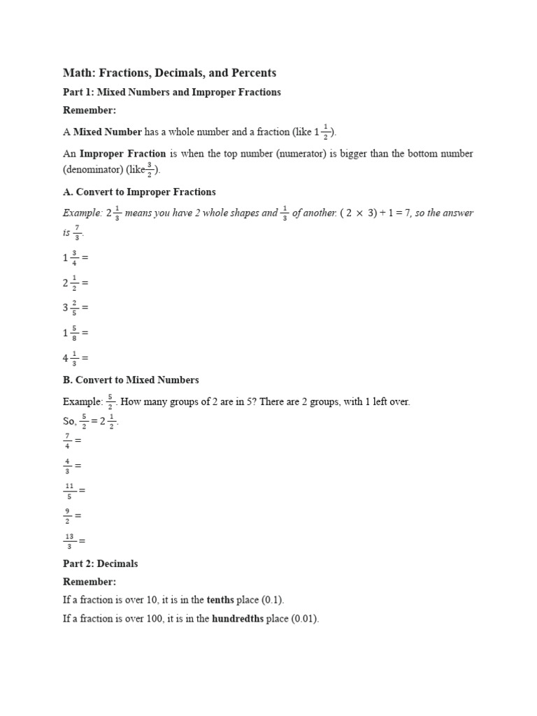 Math Fractions, Decimals, Percentage | PDF