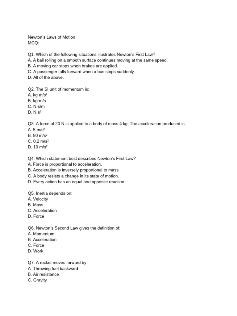 Newton's Laws of Motion MCQs and Answers | PDF | Force | Momentum