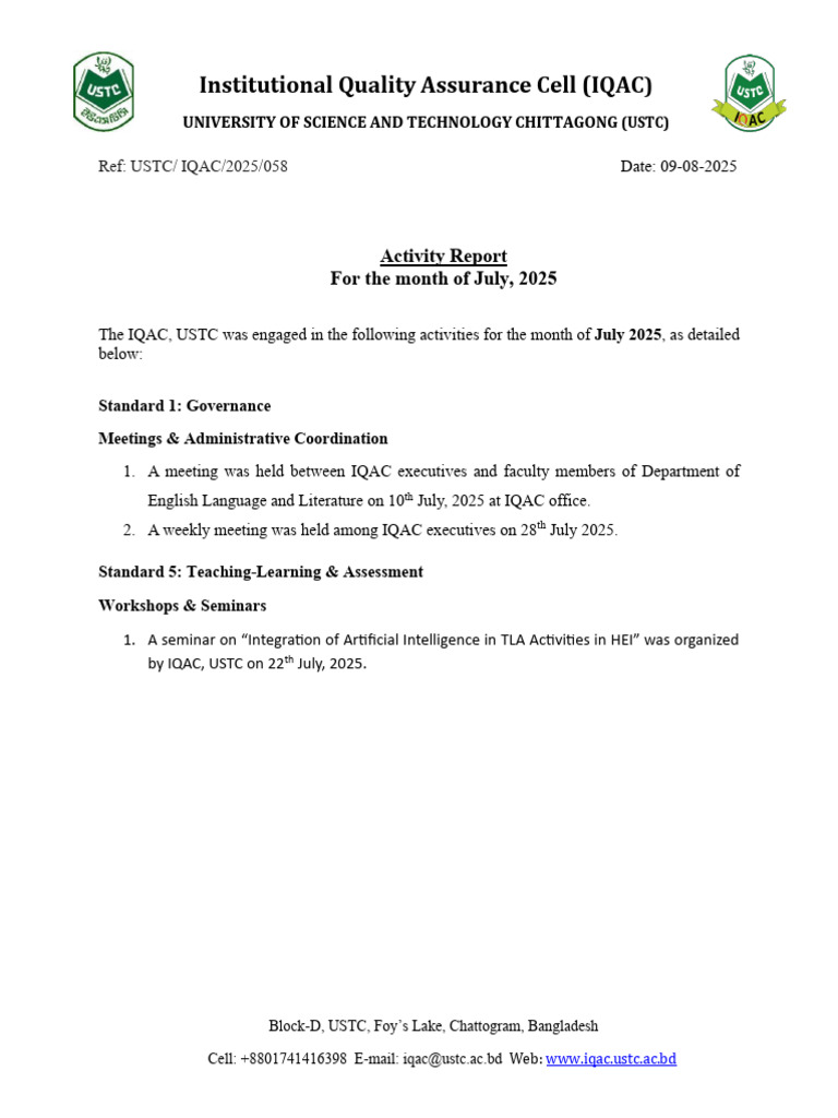 IQAC July 2025 Activity Report USTC | PDF
