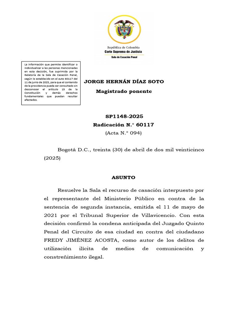 SP1148-2025 (60117) Fredy Jiménez Cui 50001600056520180016801 | PDF ...