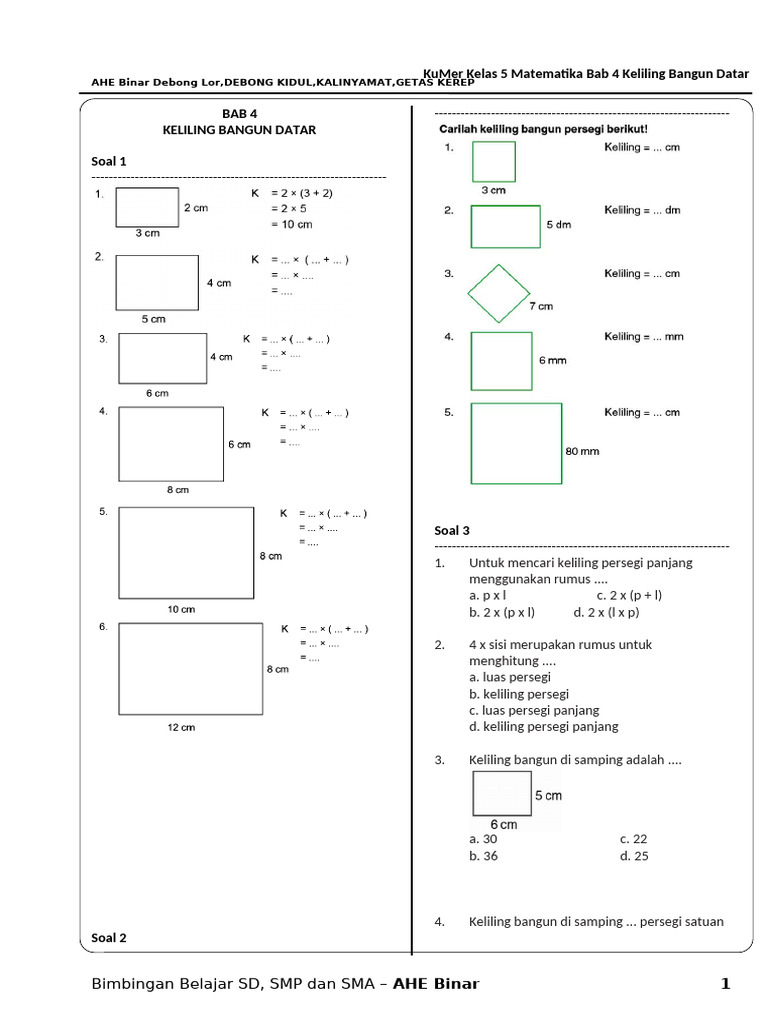 Kelas 5 Matematika Bab 4 Keliling Bagung Datar Kumer 2022 | PDF