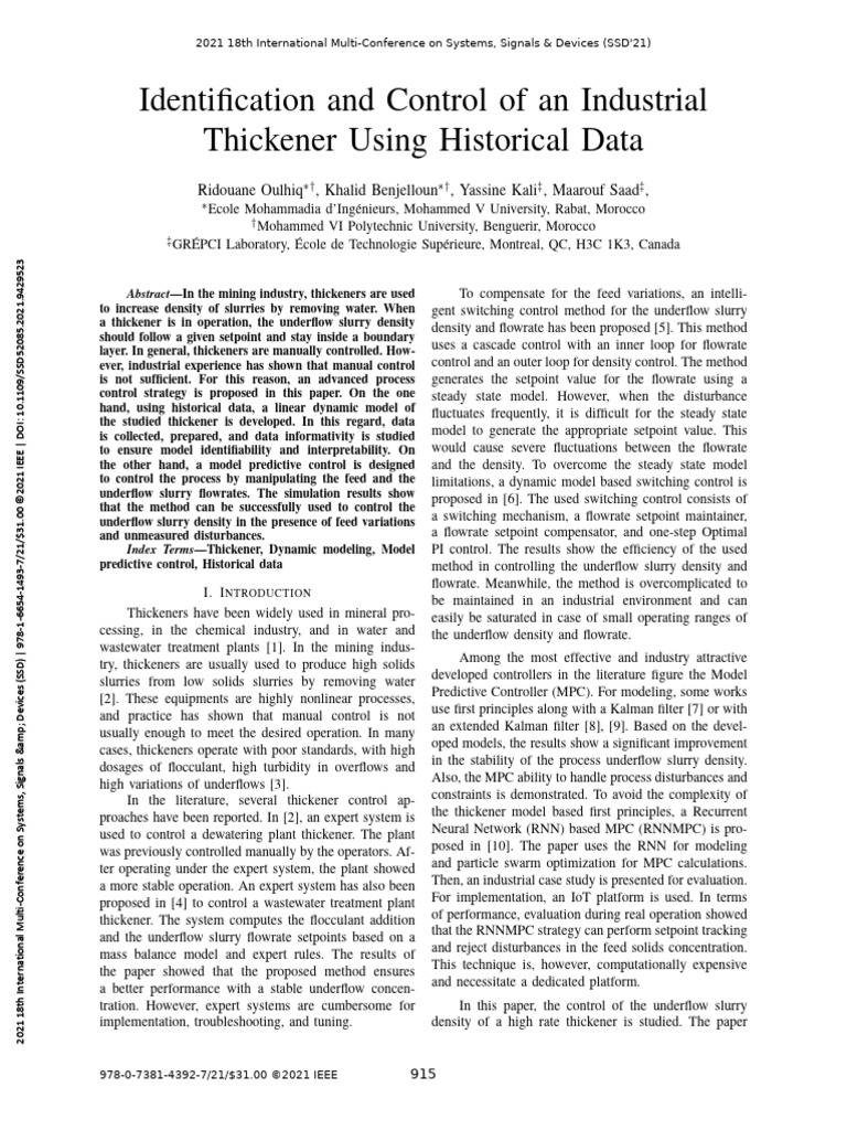 Identification and Control of An Industrial Thickener Using Historical ...