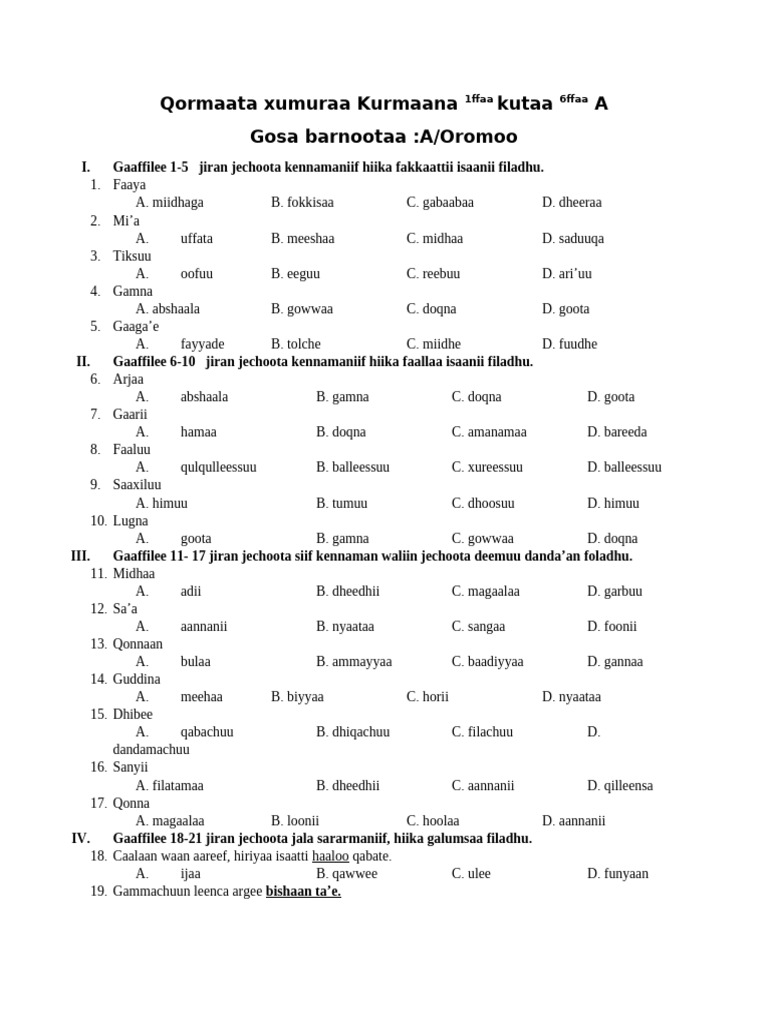 Qormaata Xumuraa Kurmaana Kutaa A Gosa barnootaa:A/Oromoo: 1ffaa 6ffaa ...