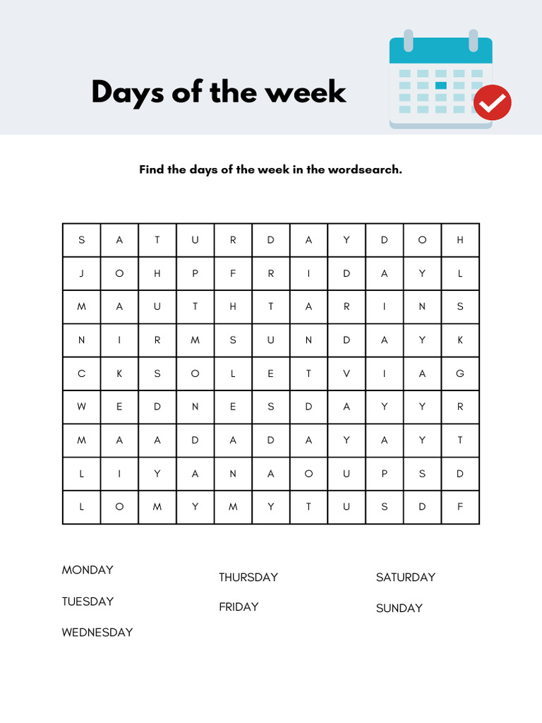 Days of The Week Wordsearch Worksheet in Blue and Red Simple Style | PDF