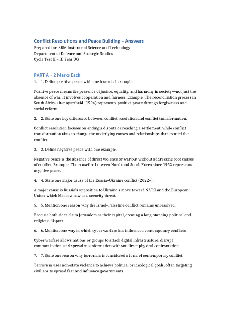 Conflict Resolution and Peace Building Answers (1) | PDF ...