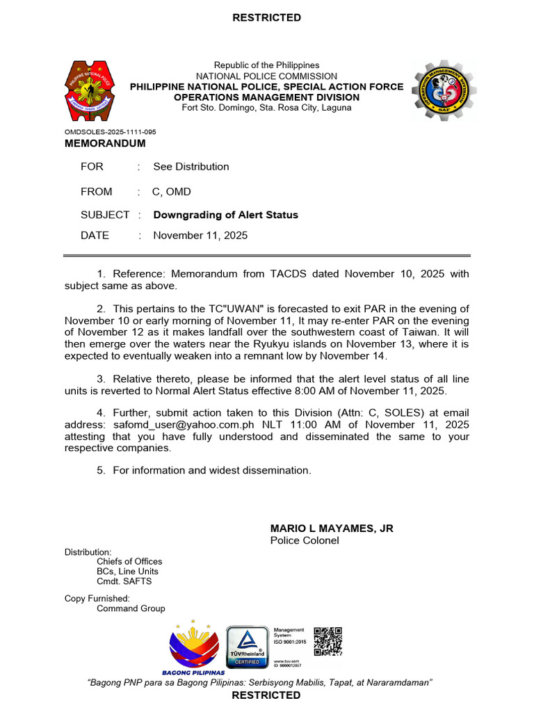 Downgrading Alert Status Memo | PDF