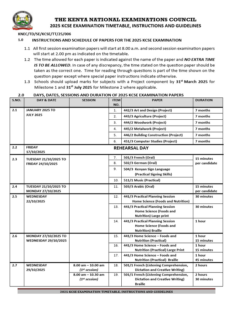 2025 KCSE Timetable Oct Nov Copy | PDF