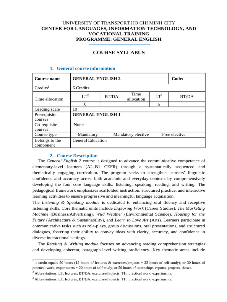 Course Syllabus - General English 2 - New (3ci-1e) | PDF | Reading ...