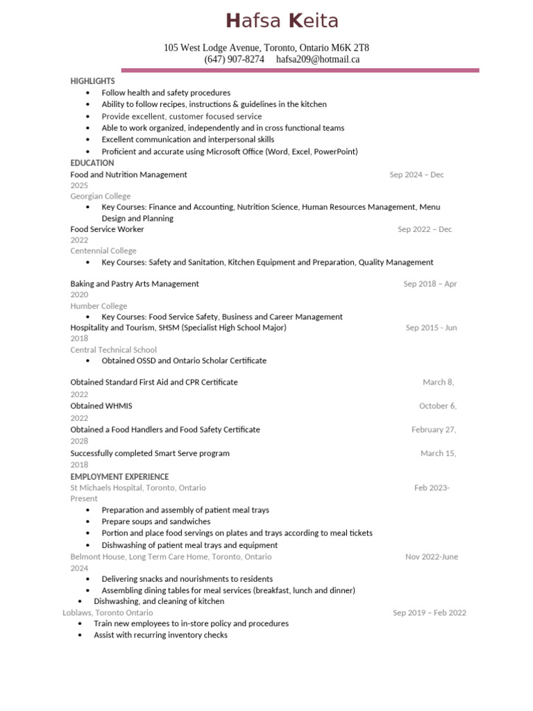 Hafsa Keita- Resume.docx | PDF | Meal | Eating Behaviors Of Humans