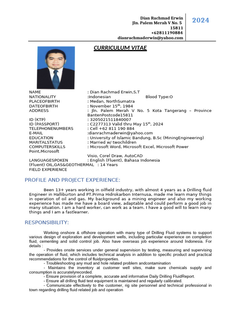 CV Dian Rachmad Erwin 2025 | PDF | Oil Well | Safety