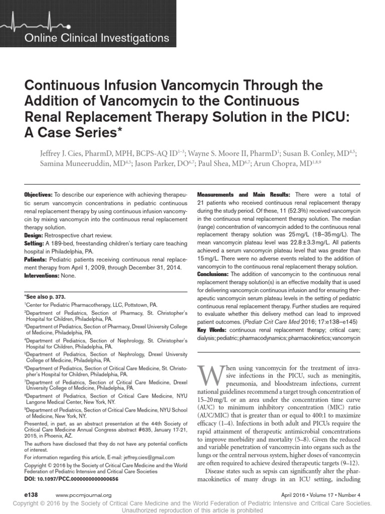 Continuous Infusion Vancomycin Through The.25 | PDF | Sepsis | Medicine