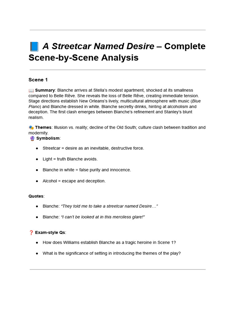 Scene-by-Scene Analysis of A Streetcar Named Desire | PDF