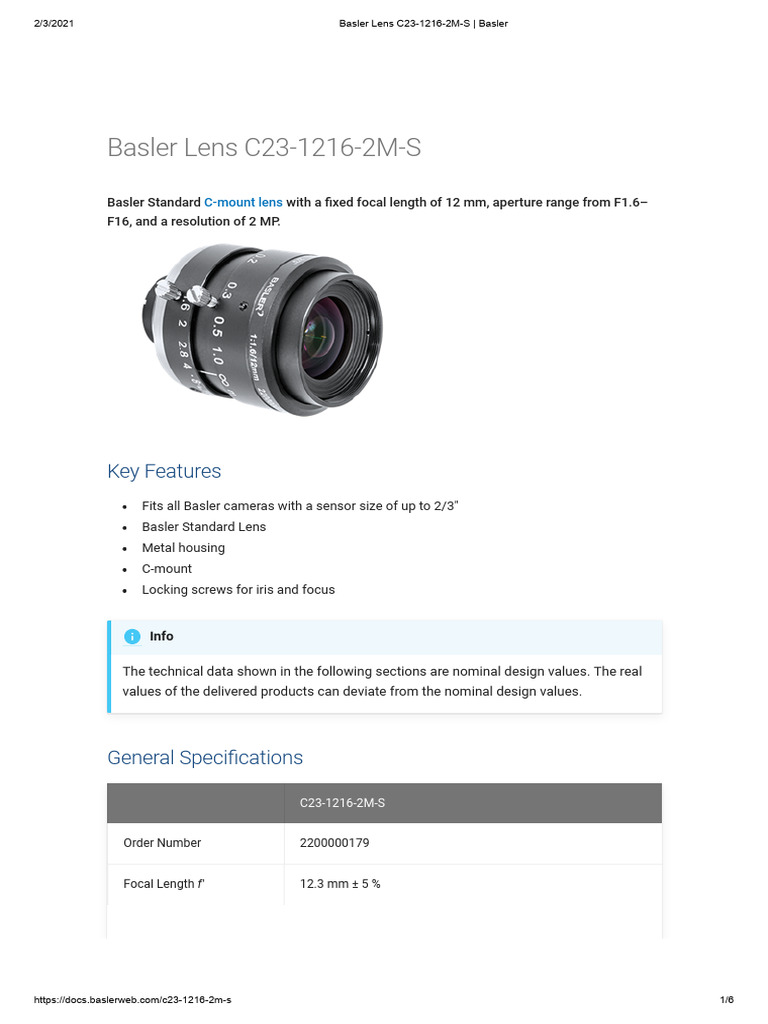 Basler Lens C23-1216-2M-S - Basler | PDF | Camera Lens | Aperture