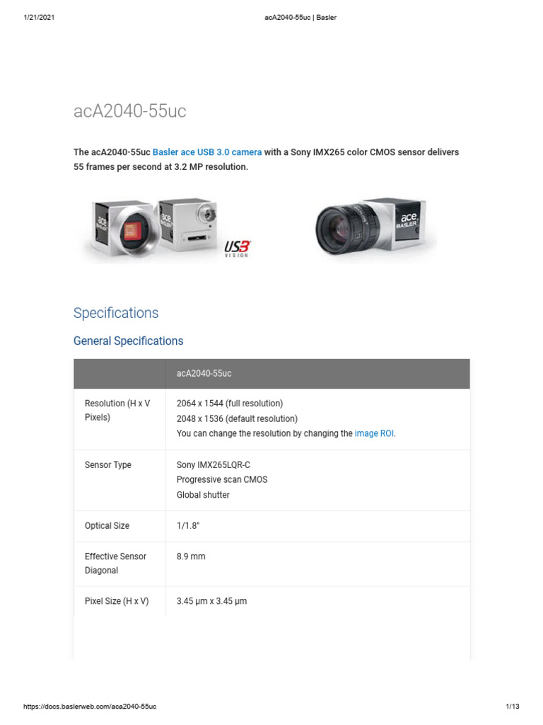 Aca2040-55uc - Basler | PDF | Pixel | Camera