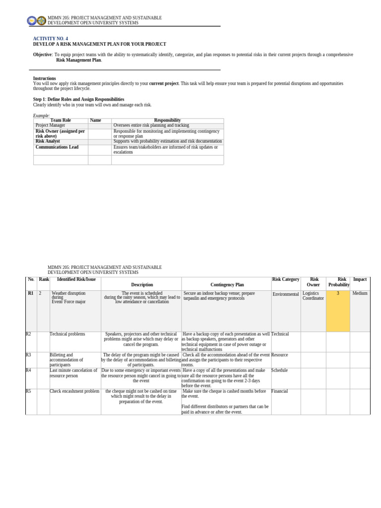 Activity No 4. Risk Management Plan | PDF | Risk | Risk Management